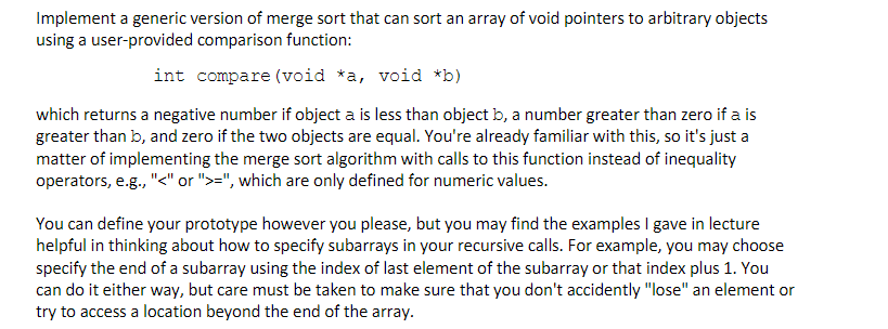 Solved Implement A Generic Version Of Merge Sort That Can 5695