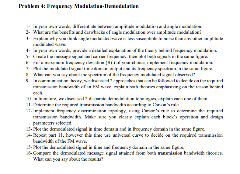 Solved Problem 4: Frequency Modulation-Demodulation 1- In | Chegg.com