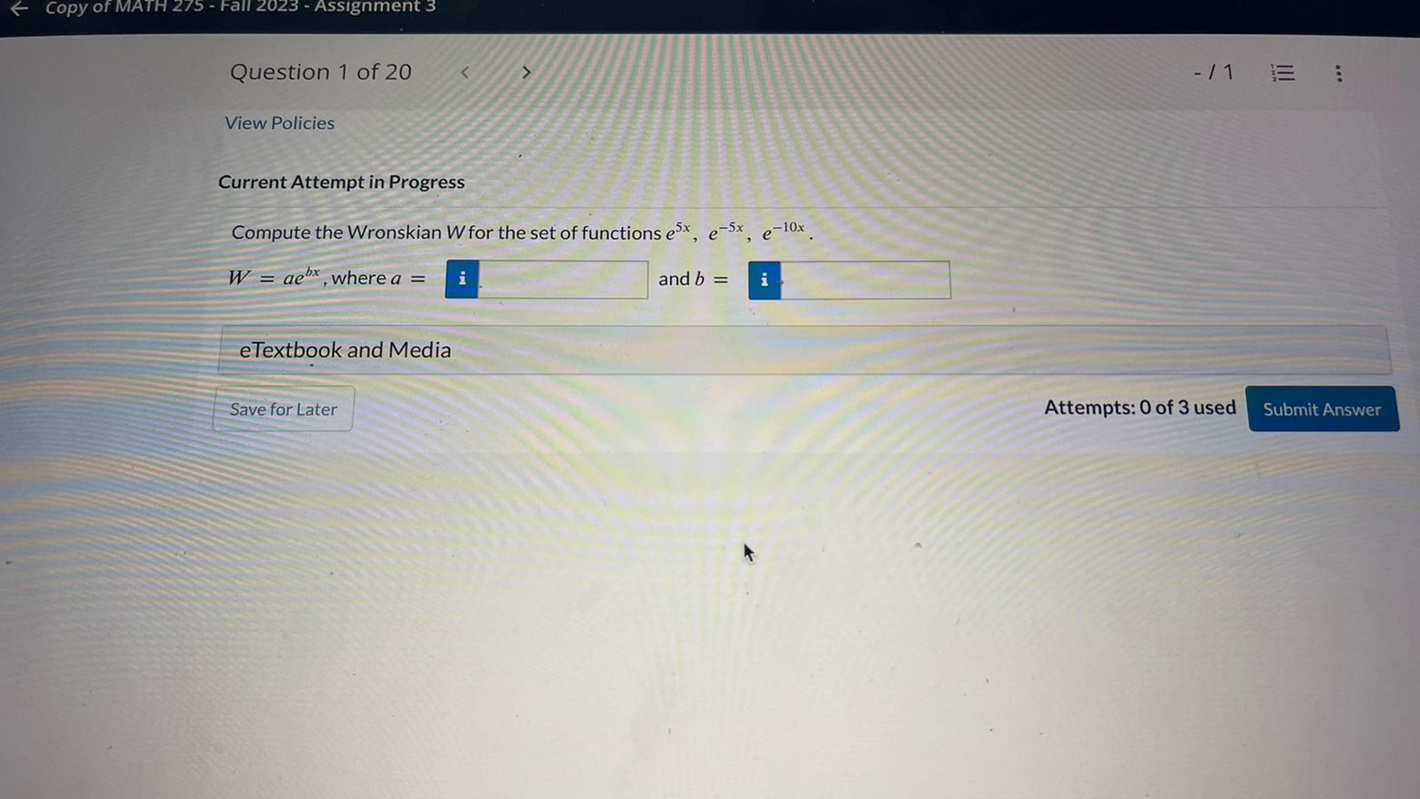 Solved Current Attempt in Progress Compute the Wronskian W | Chegg.com