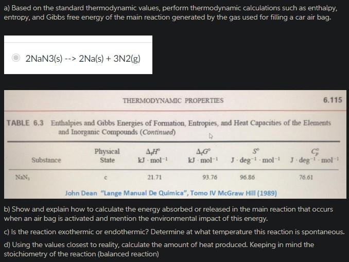 Solved a) Based on the standard thermodynamic values, | Chegg.com