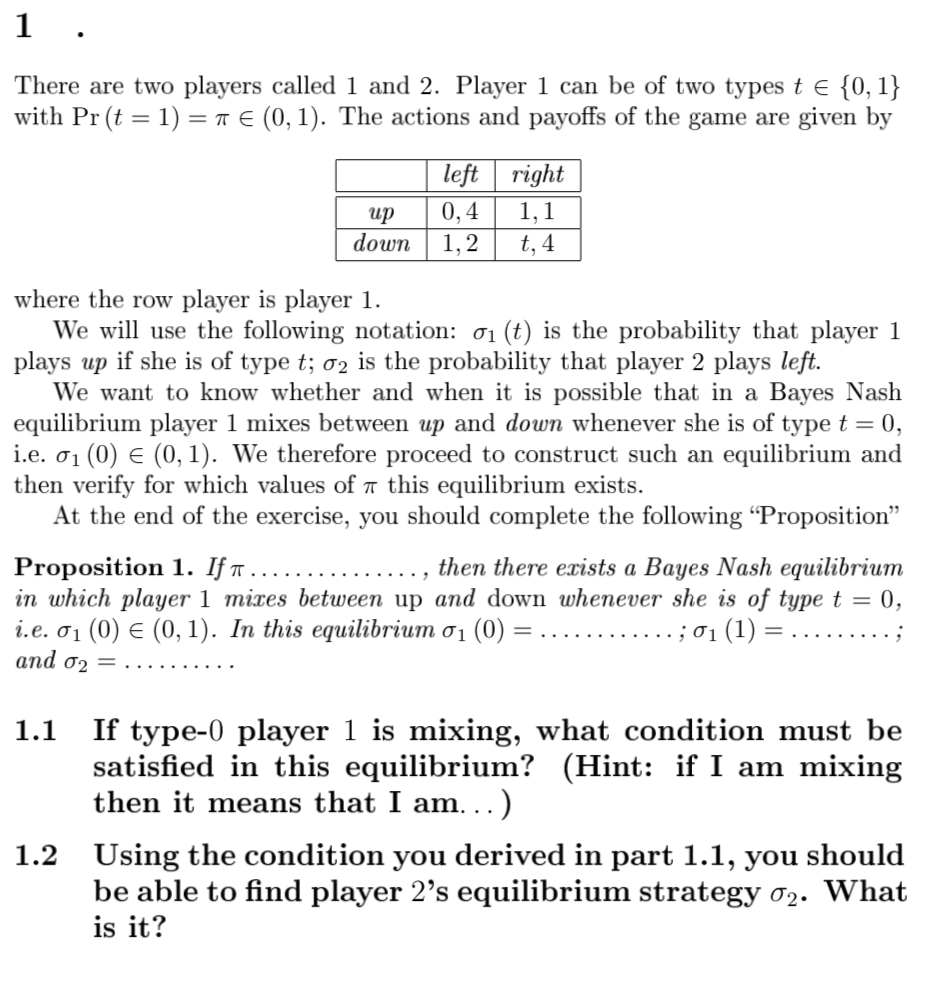 1 . There are two players called 1 and 2. Player 1 | Chegg.com