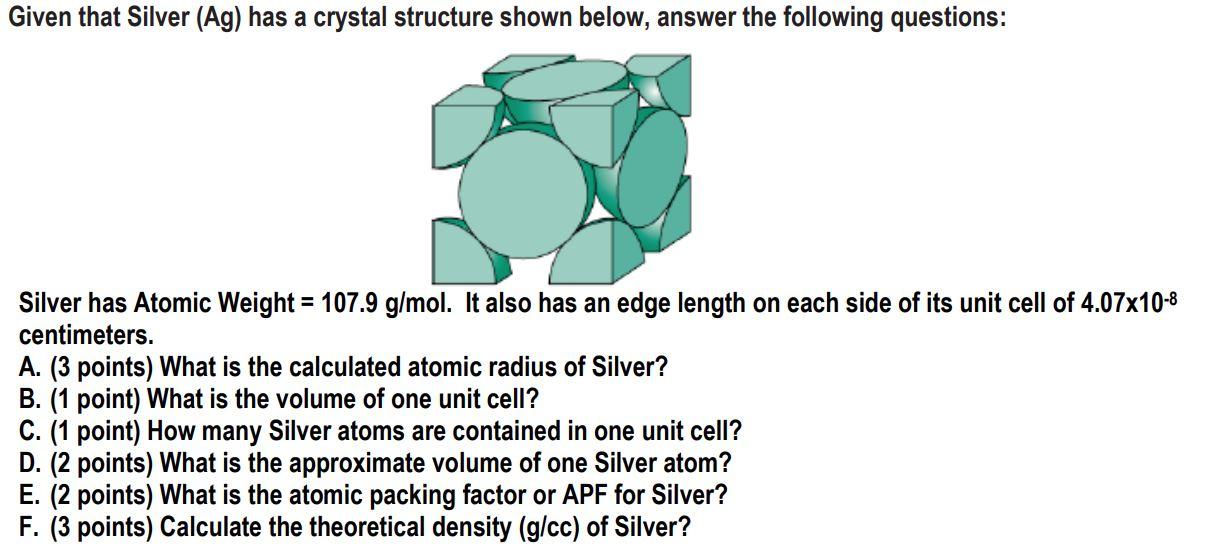 Solved Given that Silver (Ag) has a crystal structure shown | Chegg.com