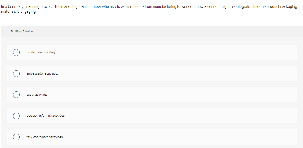 Solved In a boundary-spanning process, the marketing team | Chegg.com