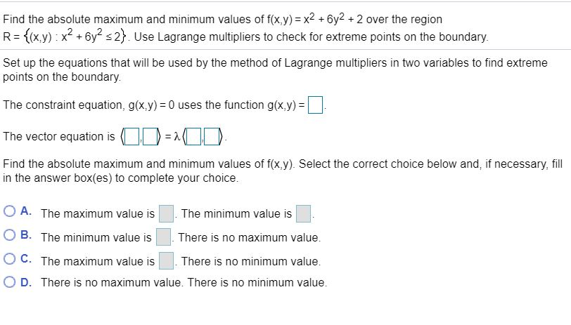 Solved Find the absolute maximum and minimum values of | Chegg.com