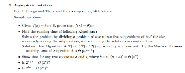 Solved 3. Asymptotic notation Big O, Omega and Theta and the | Chegg.com