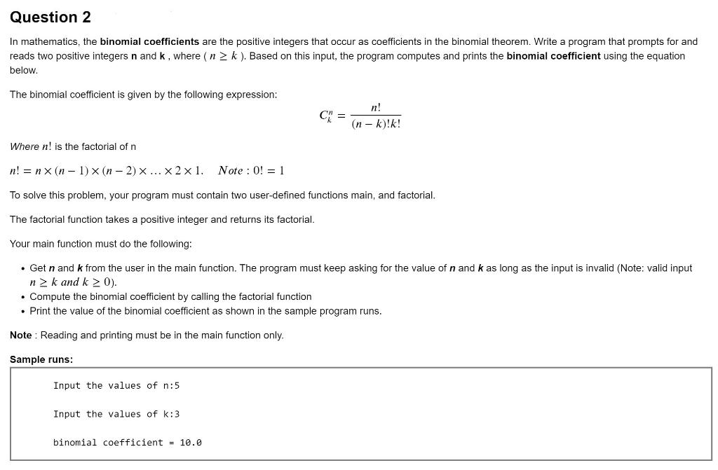 Solved ion 2 In Mathematics The Binomial Coefficients Chegg