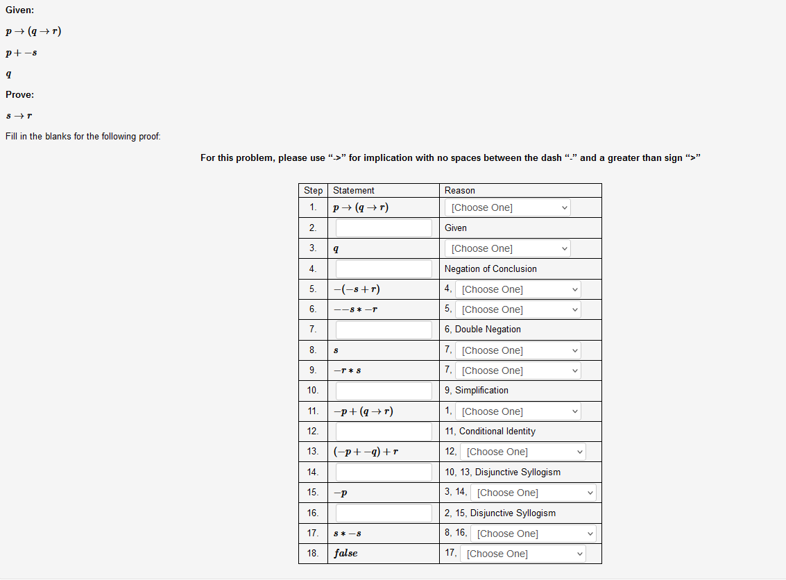 Solved Given: p→(q→r)p+−s q Prove: s→r Fill in the blanks | Chegg.com
