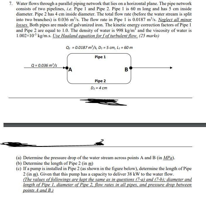 7. Water flows through a parallel piping network that | Chegg.com