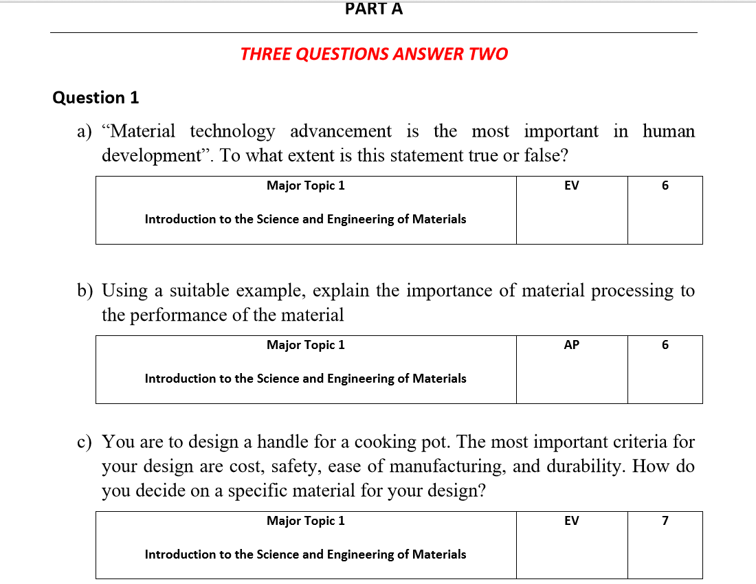 Solved PARTA THREE QUESTIONS ANSWER TWO Question 1 a) | Chegg.com
