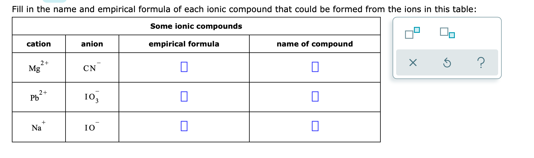 Solved Fill in the name and empirical formula of each ionic | Chegg.com