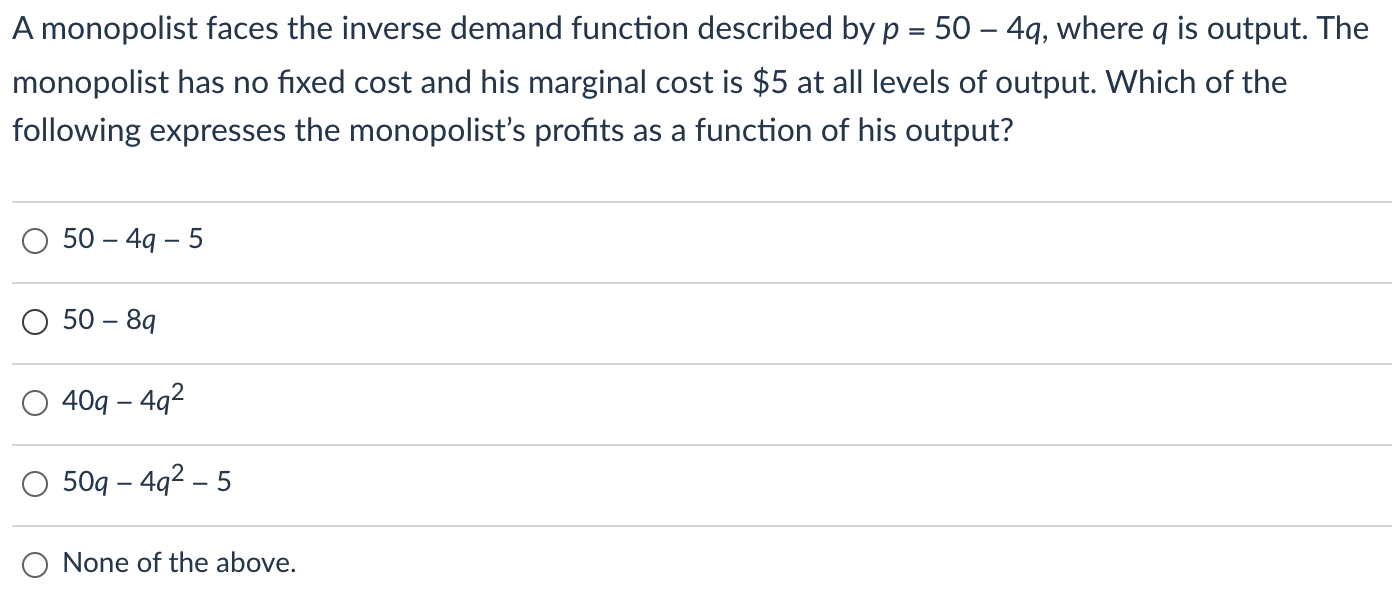 Solved = A monopolist faces the inverse demand function | Chegg.com