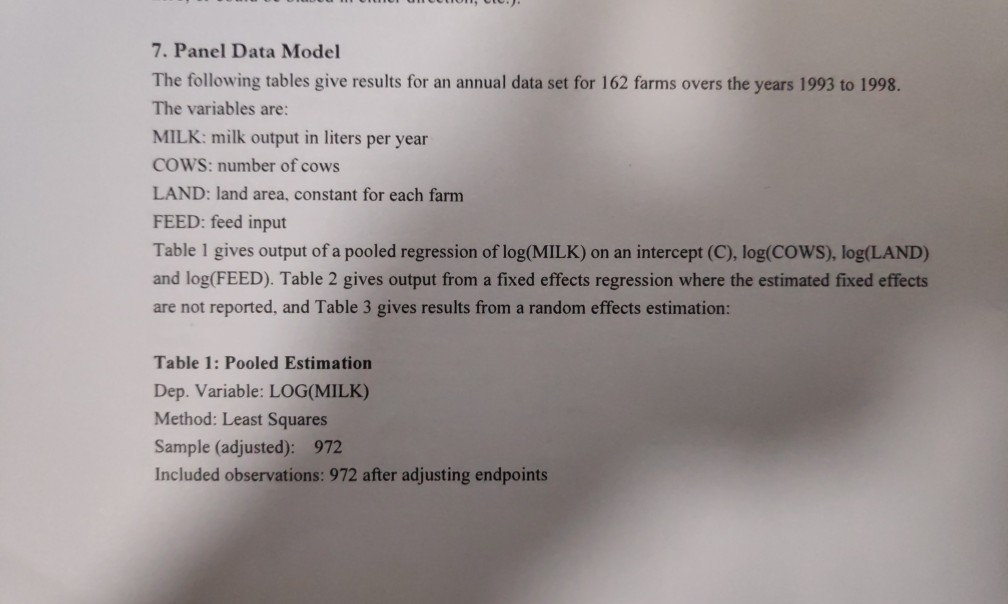 Solved ROC .) 7. Panel Data Model The following tables give | Chegg.com