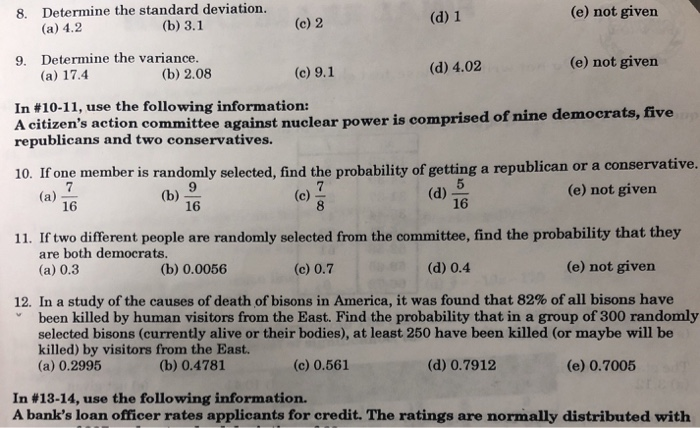 Solved Determine the standard deviation. (a) 4.2 8. (d) 1 | Chegg.com