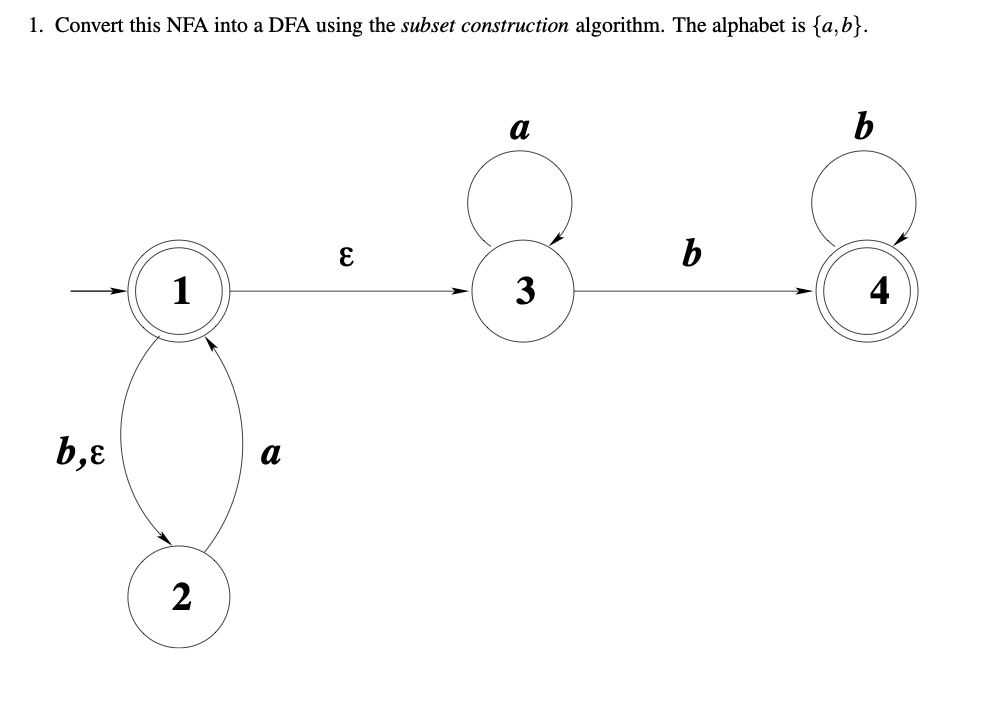 Solved 1. Convert this NFA into a DFA using the subset | Chegg.com
