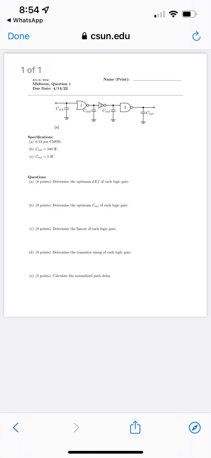 8:54 7 WhatsApp Done csun.edu 1 of 1 DUE4444 Name | Chegg.com