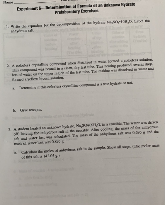Solved Name Experiment 6-Determination of Formula of an | Chegg.com