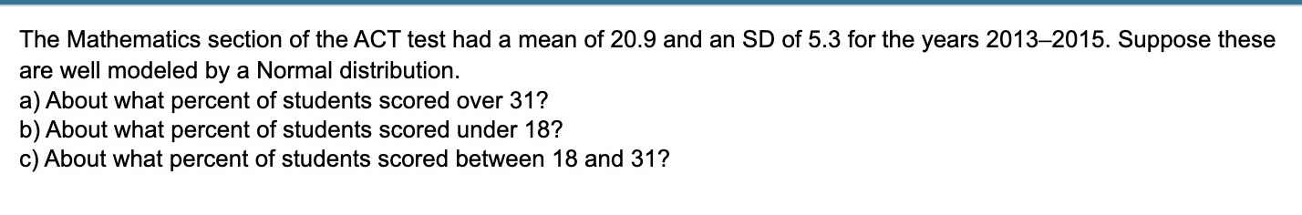 Solved The Mathematics section of the ACT test had a mean of | Chegg.com