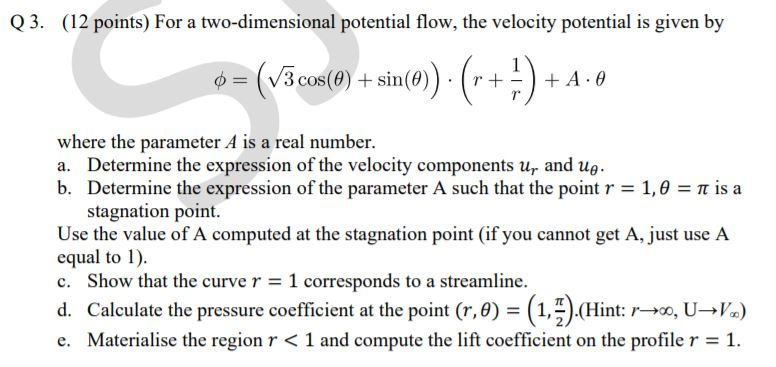 Q3. (12 points) For a two-dimensional potential flow, | Chegg.com