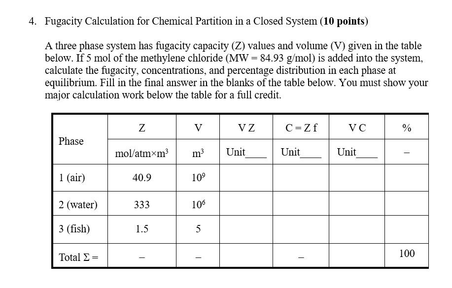 4. Fugacity Calculation for Chemical Partition in a | Chegg.com