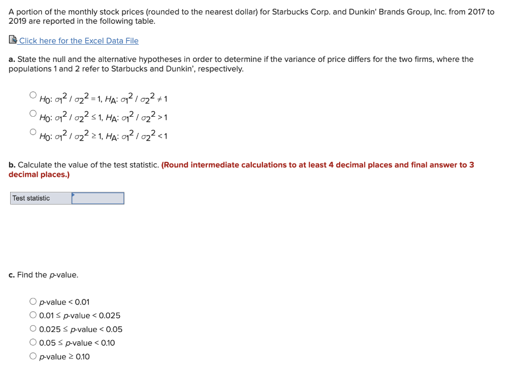 Solved A portion of the monthly stock prices (rounded to the | Chegg.com