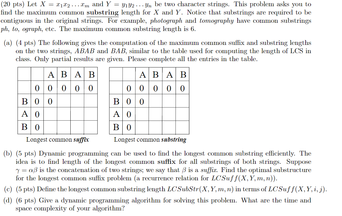Solved (20 pts) Let X=x1x2…xm and Y=y1y2…yn be two character | Chegg.com