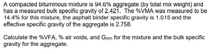 Solved A compacted bituminous mixture is 94.6% aggregate (by | Chegg.com