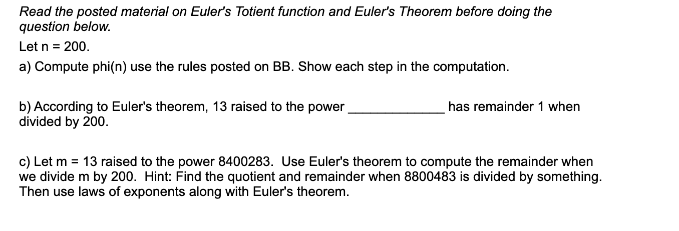 Solved Read the posted material on Euler's Totient function | Chegg.com