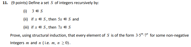 Solved 11. (9 points) Define a set S of integers recursively | Chegg.com