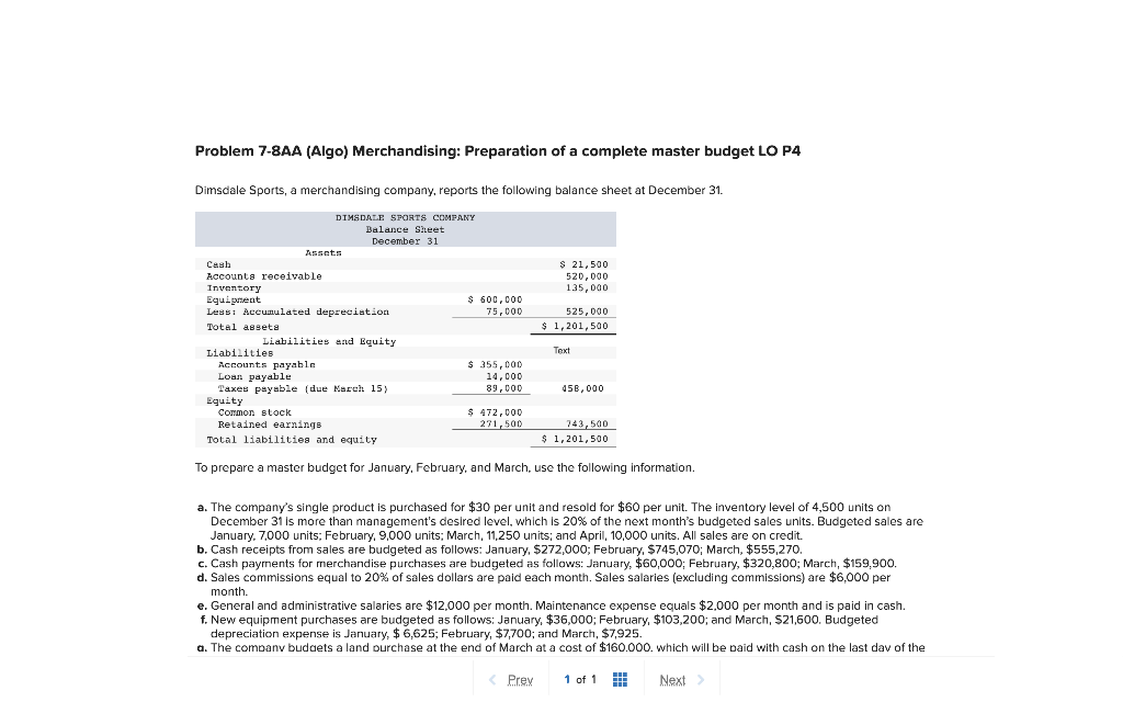 Solved Problem 7-8AA (Algo) Merchandising: Preparation of a | Chegg.com