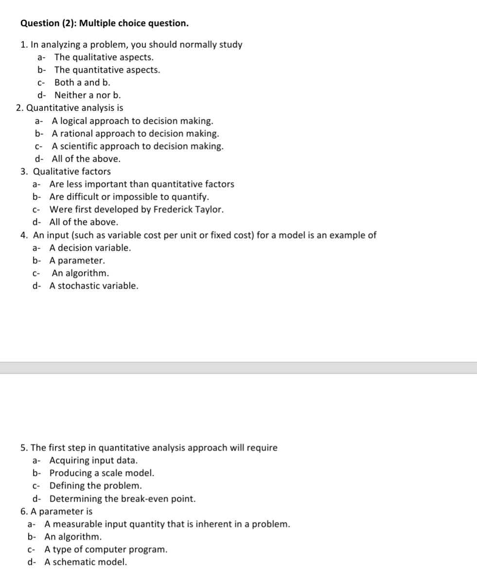 Solved Question (2): Multiple choice question. C- 1. In | Chegg.com