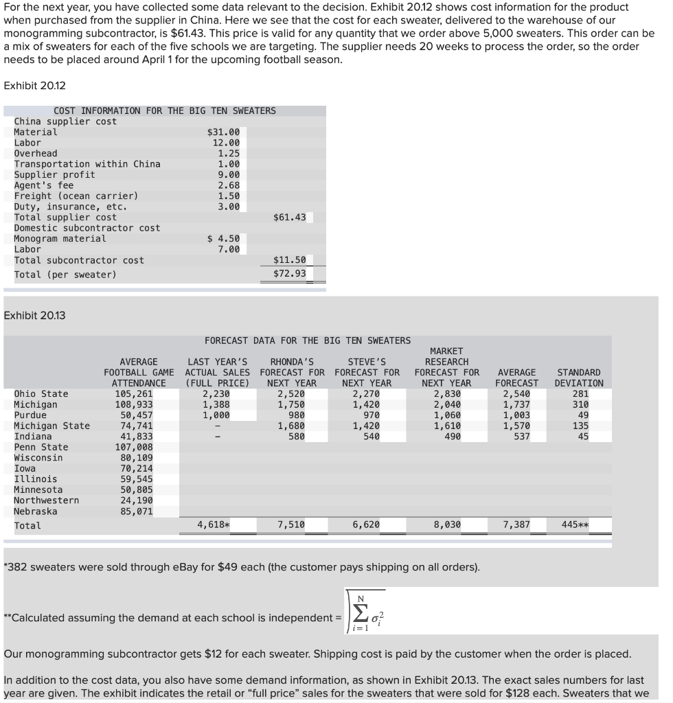 Solved Analytics Exercise 20-4 (Algo) Big10Sweaters.com is a | Chegg.com