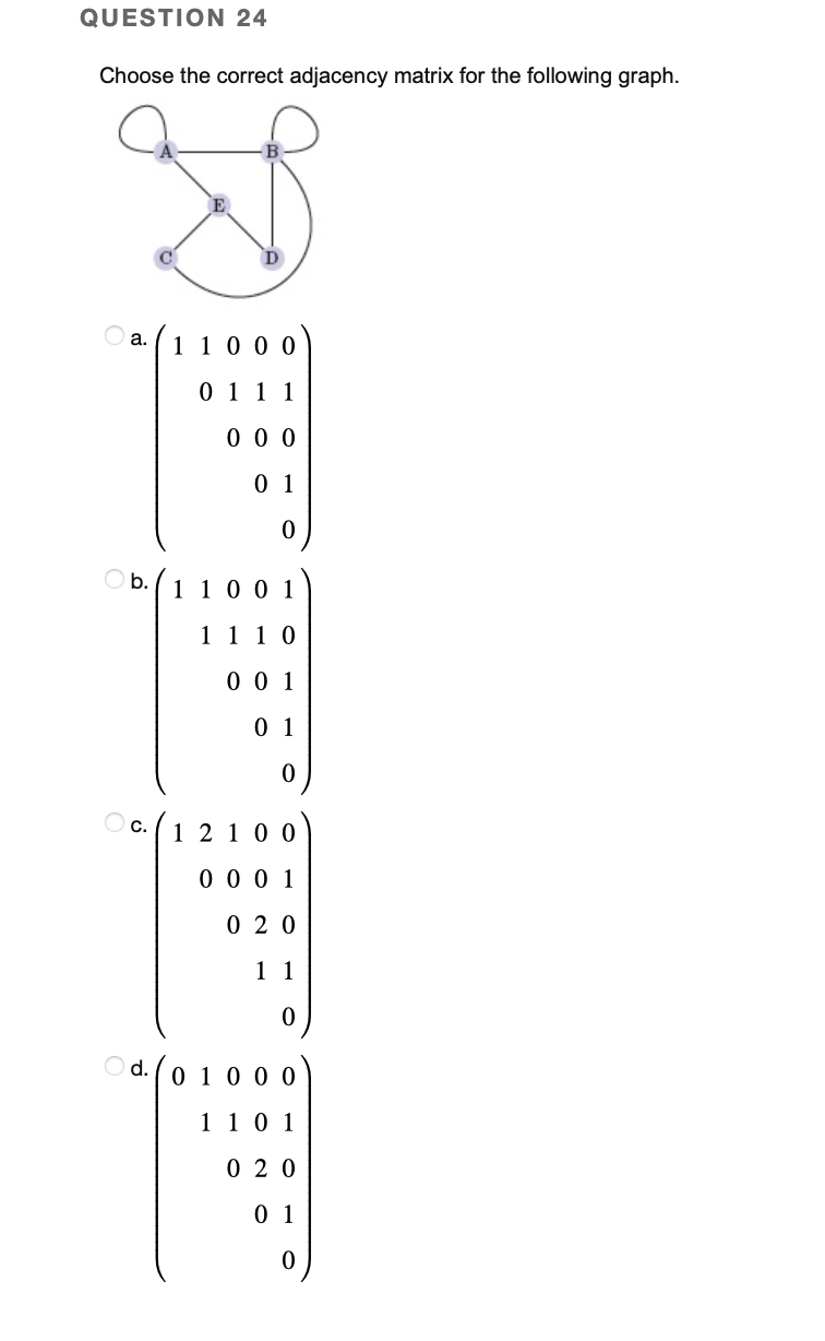 Solved Choose the correct adjacency matrix for the following | Chegg.com