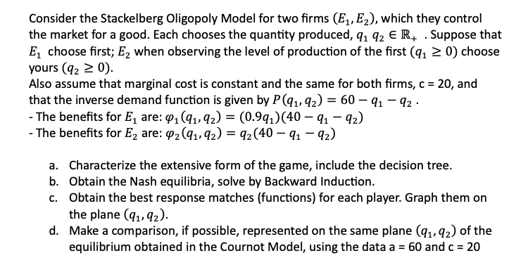 Solved onsider the Stackelberg Oligopoly Model for two firms | Chegg.com