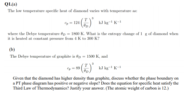 Solved Q1.(a) The low temperature specific heat of diamond | Chegg.com