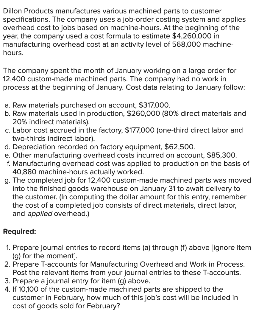 Solved Dillon Products manufactures various machined parts | Chegg.com