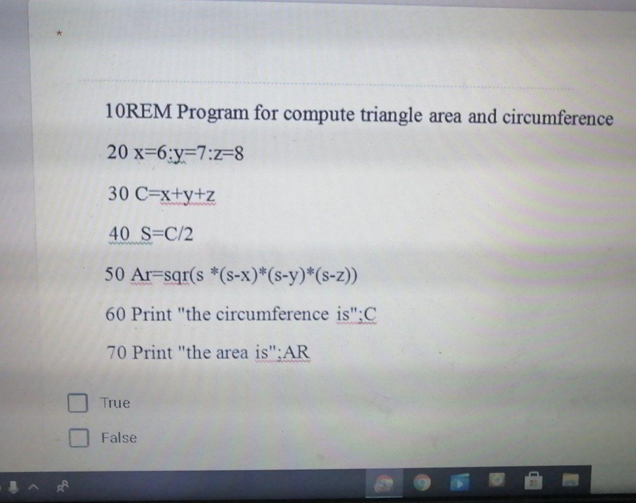 Solved 10REM Program for compute triangle area and | Chegg.com