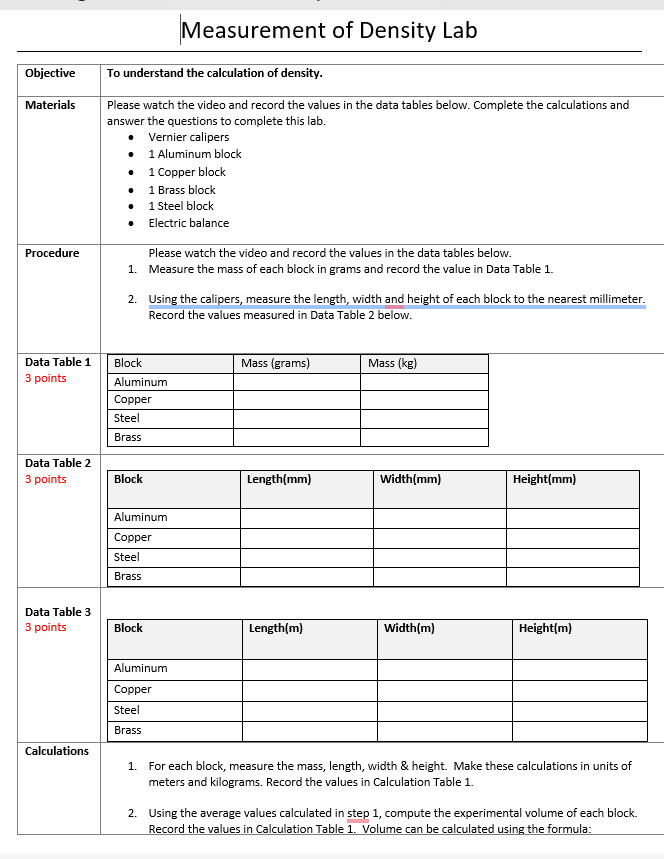 Measurement of Density LabVcyl= length * width * | Chegg.com