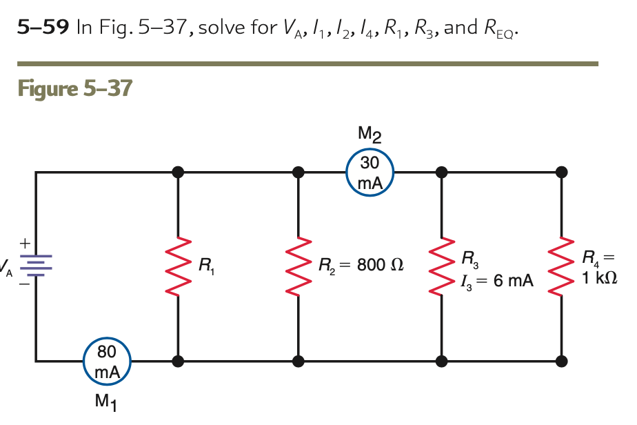 Solved 5-59 In Fig. 5-37, solve for VA,I1,I2,I4,R1,R3, and | Chegg.com