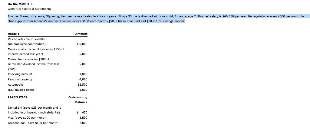 Do the Math 3-5 Construct Financial Statements Thomas | Chegg.com