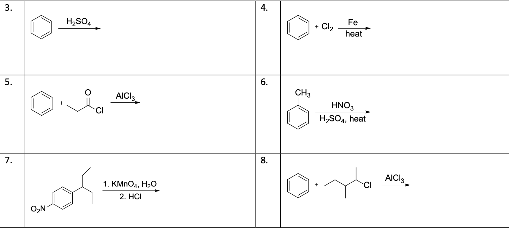 Solved 3. 4. H2SO4 + Cl2 Fe heat 5. 6. AICI: CH3 CI HNO3 | Chegg.com