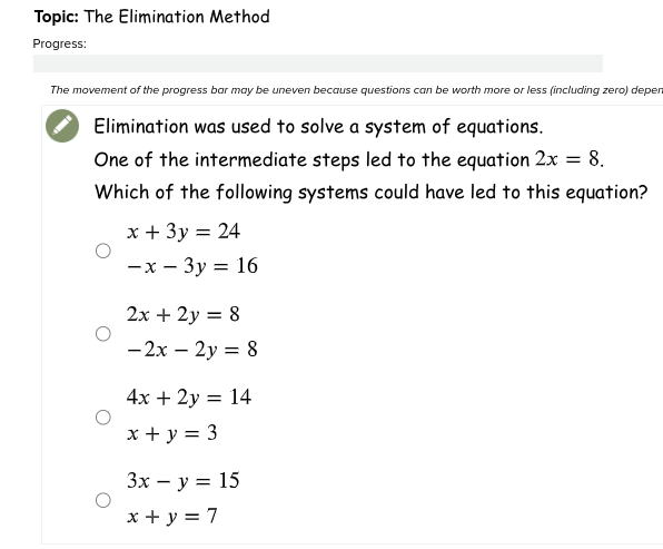Solved Topic: The Elimination Method Progress: The movement | Chegg.com Solved Topic: The Elimination Method Progress: The movement | Chegg.com