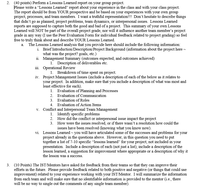 Solved 2. (40 points) Perform a Lessons Learned report on | Chegg.com