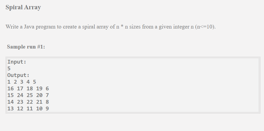 Solved Spiral Array Write a Java program to create a spiral | Chegg.com