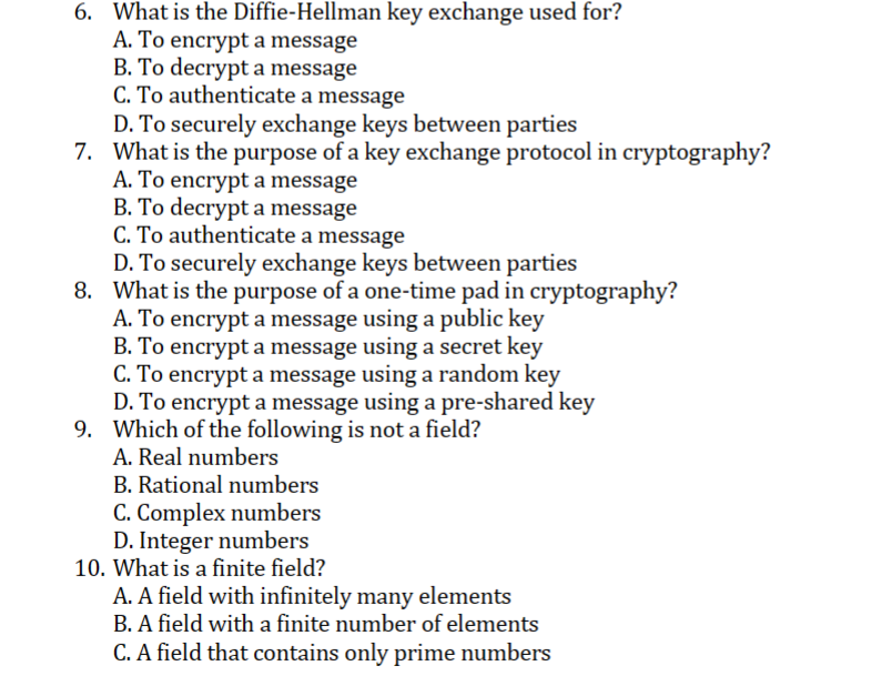 6. What is the Diffie-Hellman key exchange used for? | Chegg.com