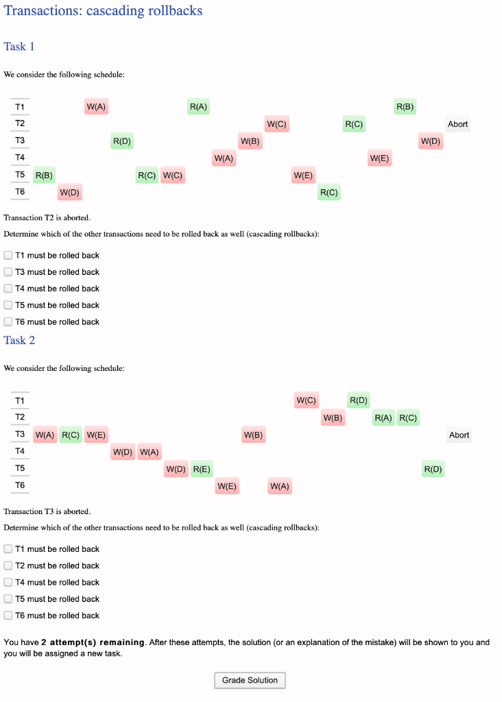 Solved Transactions: cascading rollbacks Task 1 We consider | Chegg.com