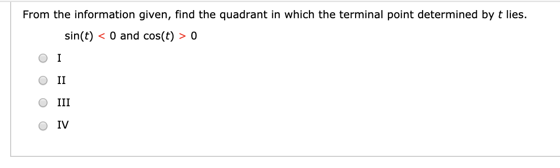 Solved From the information given, find the quadrant in | Chegg.com