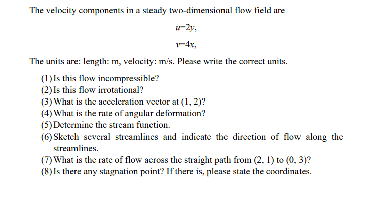 Solved The velocity components in a steady two-dimensional | Chegg.com