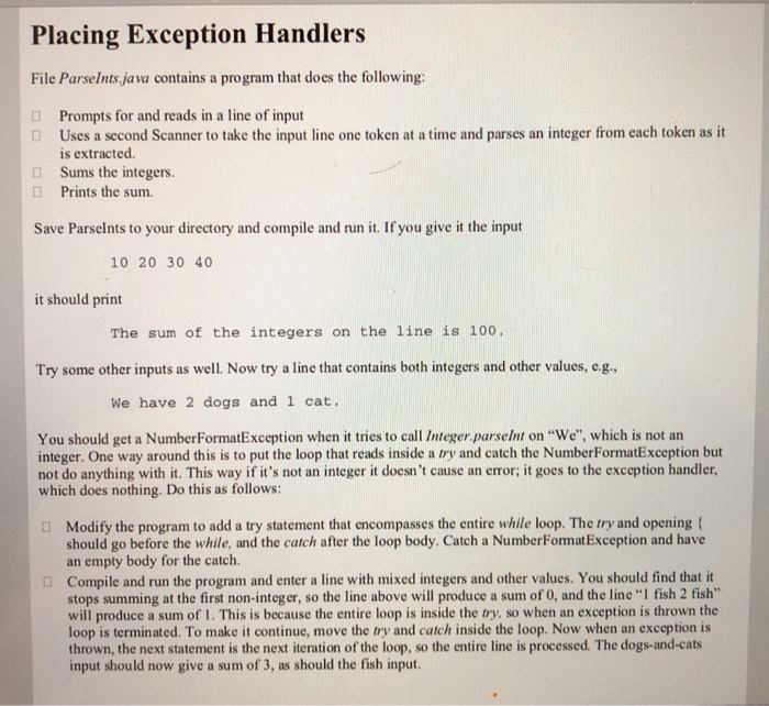 Solved Placing Exception Handlers File Parselnts,java | Chegg.com