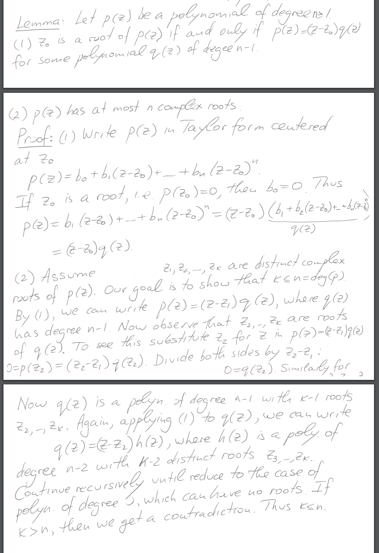 Solved Lemma: Let p(z) be a polynomial of degree n⩾1. (1) z0 | Chegg.com