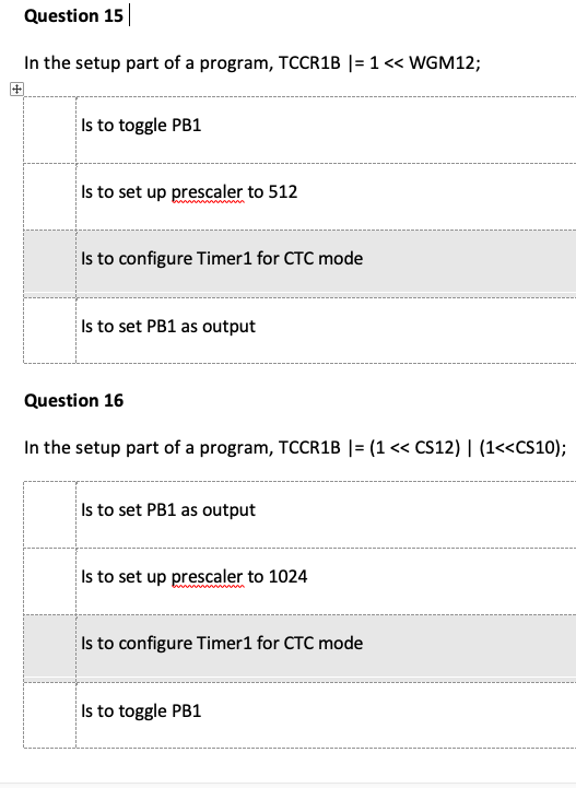 Solved Question 15 In the setup part of a program, TCCR1B = | Chegg.com